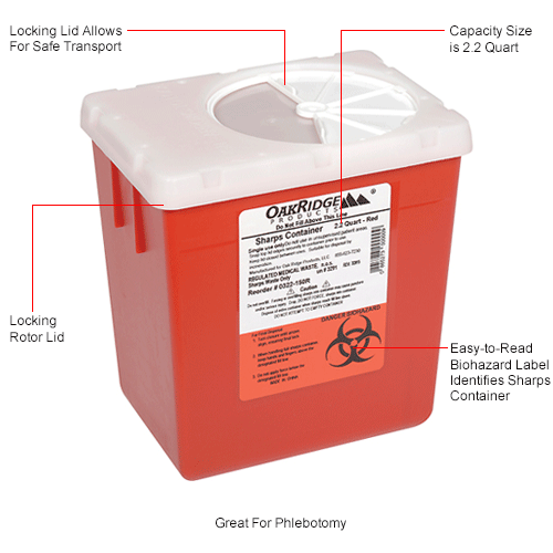Oakridge Products 2.2 Quart Sharps Container w/ Rotor Lid, Red
