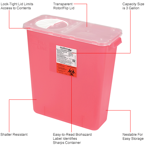 Oakridge Products 3 Gallon Sharps Container w/ Split Rotor Lid, Red