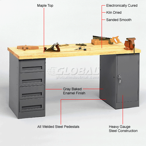 72 W" x 30 D" Pedestal Workbench 4-Drawer And Cabinet Pedestal