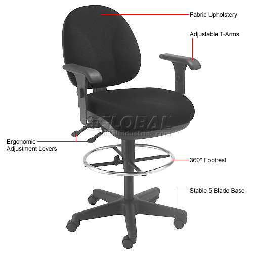 Interion® Office Stool With Arms - Fabric - 360° Footrest - Black