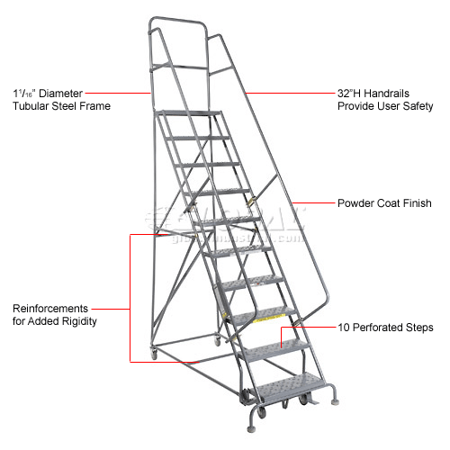 10 Step 24"W 10"D Top Step Steel Rolling Ladder - Perforated Tread ...