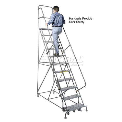 11 Step 24"W 20"D Top Step Steel Rolling Ladder - Perforated Tread ...