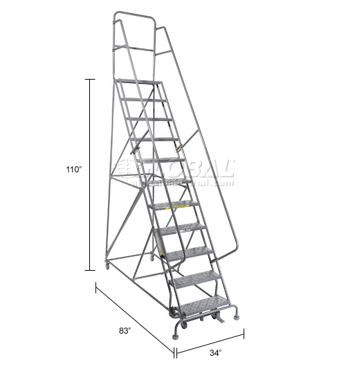 11 Step 24"W 10"D Top Step Steel Rolling Ladder - Perforated Tread ...