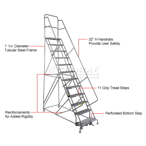 12 Step 24"W 20"D Top Step Steel Rolling Ladder - Grip Tread ...