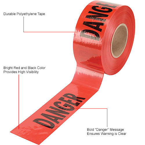 Empire® Danger Barricade Tape, 3" x 1000 ft, Red/Black