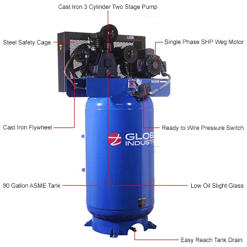 Global Industrial™ Two Stage Piston Air Compressor, 5 HP, 80 Gal., 1 ...