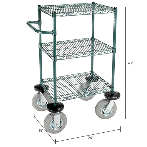 Nexel® 3 Shelf Cart, Poly-Green®, 24"L x 18"W x 43"H, Pneumatic Rigid ...