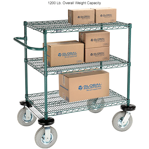 Nexel® 3 Shelf Cart, Poly-Green®, 36"L x 24"W x 43"H, Pneumatic Rigid ...