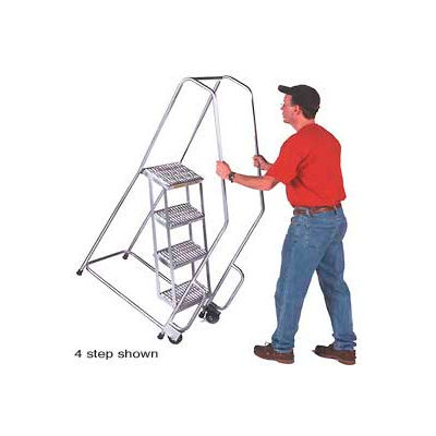 2 Step 24"W Aluminum Tilt and Roll Ladder - Heavy Duty Serrated Grating ...