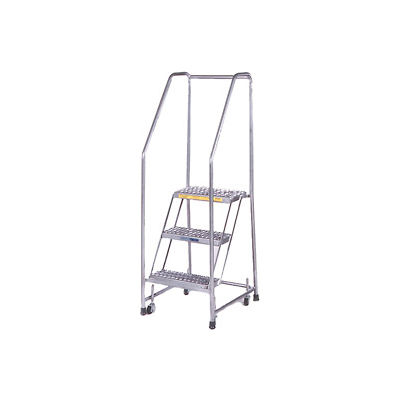 3 Step 24"W Stainless Steel Rolling Ladder W/ Rails - Perforated Tread ...