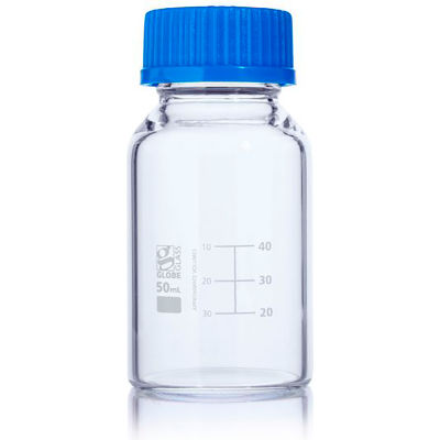 Bottle, Media, Globe Glass, GL45 Screw Cap, Dual Graduations, 100mL, 10/Box