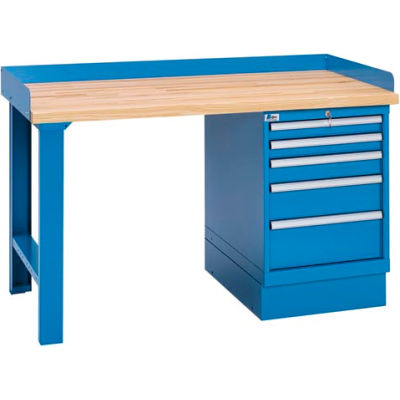 Industrial Workbench w/Leg, 5 Drawer Cabinet, Butcher Block Top - Blue