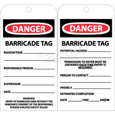 NMC RPT172 Tags, Danger Barricade Tag, 6" X 3", White/Red/Black, 25/Pk