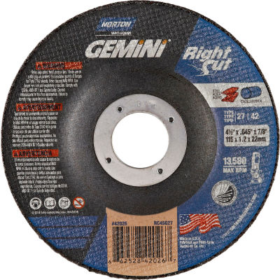 Norton 66252842026 Gemini Right Angle Cut-Off Wheel 4-1/2" x .045" x 7/ ...
