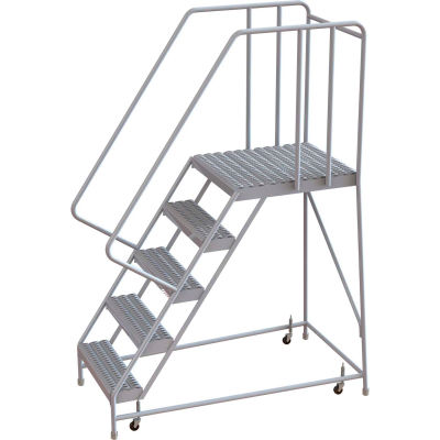 5 Step Aluminum Rolling Ladder, 24"W Grip Tread, 28"D Top Step, 32 ...