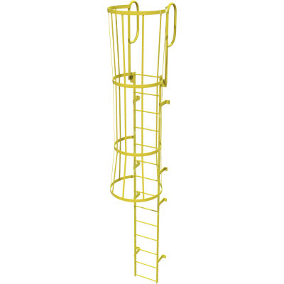 14 Step Steel Caged Walk Through Fixed Access Ladder, Yellow - WLFC1214-Y