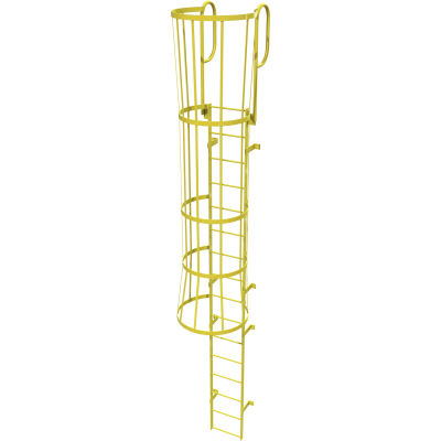 16 Step Steel Caged Walk Through Fixed Access Ladder, Yellow - WLFC1216-Y