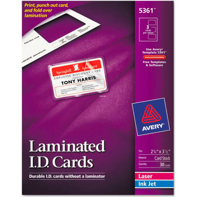 Avery® Laminated Laser/Inkjet ID Cards, 2-1/4" x 3-1/2", White, 30/Box