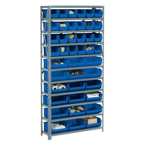 Global Industrial™ Steel Open Shelving with 28 Blue Plastic Stacking ...