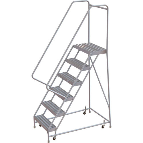 6 Step Aluminum Rolling Ladder, 24"W Ribbed Step, 30" Handrails ...