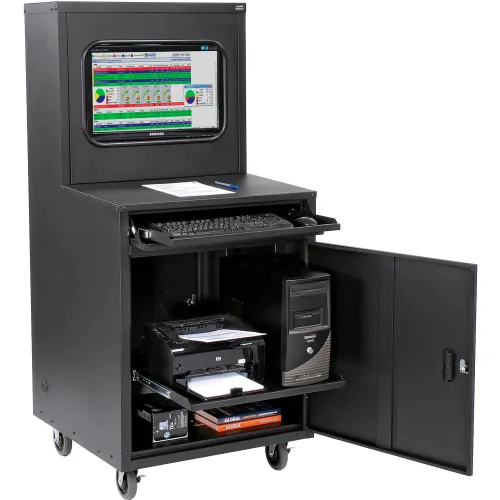 Global Industrial™ Mobile Heavy-Duty LCD Computer Cabinet, Black, Assembled