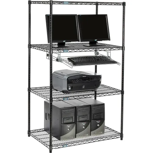 Nexel™ 4-Shelf Wire Computer LAN Workstation With Keyboard Tray, Black ...