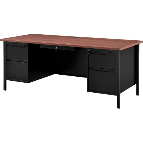 Interion® Steel Teachers Desk, 72"W x 30"D, Mahogany Top with Black ...