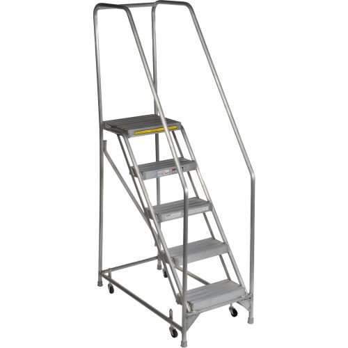 5 Step Aluminum Rolling Ladder, 16" Ribbed Step, 30" Handrails - WLAR105164