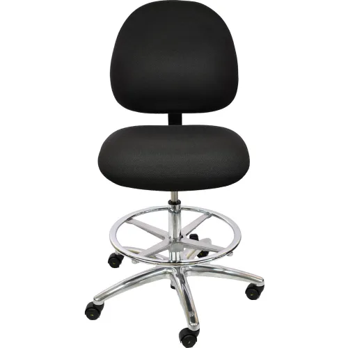 ESD Stool with Footrest - High Back - Fabric - Black- Aluminum Base