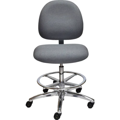 ESD Stool with Footrest - High Back - Fabric - Gray - Aluminum Base