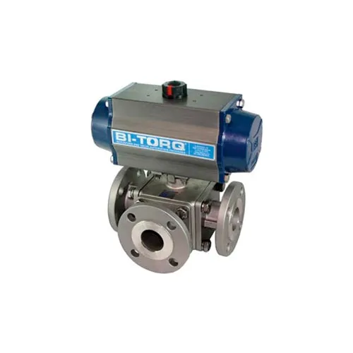BI-TORQ 2" 3-Way L-Port SS 150# Flanged Ball Valve W/Dbl. Acting Pneum ...