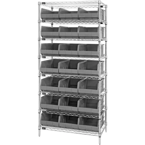 Quantum WR8-425 Chrome Wire Shelving with 21 SSB425 Stackable Shelf Bins Gray, 36x12x74