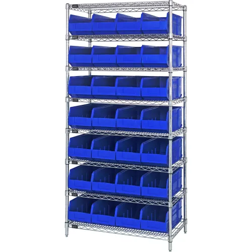 Quantum WR8-423 Chrome Wire Shelving with 28 SSB423 Stackable Shelf Bins Blue, 36x12x74