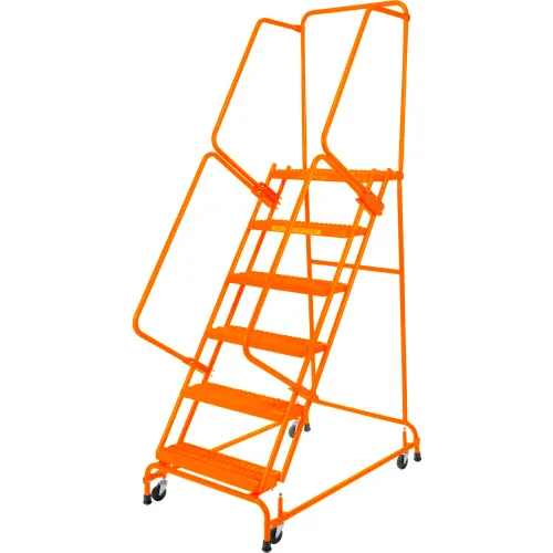 Perforated 16"W 6 Step Steel Rolling Ladder 21"D Top Step W/ Handrails ...