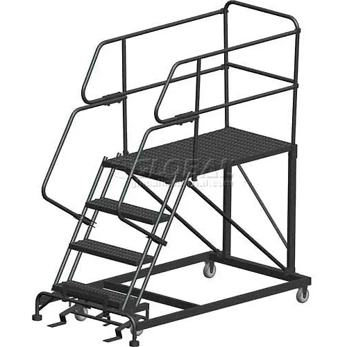 4 Step Heavy Duty Steel Mobile Work Platform W/ Handrails - 24" x 72" Platform - SEP4-24-72PD