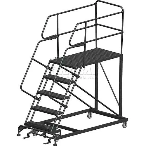 5 Step Heavy Duty Steel Mobile Work Platform W/ Handrails - 24" x 72" Platform - SEP5-24-72PD
