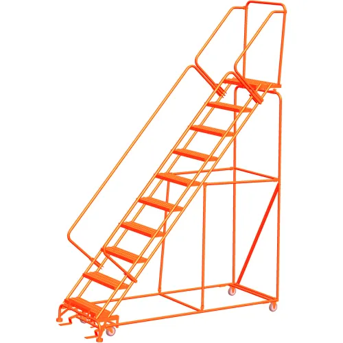 10 Step 24"W Steel Safety Angle Orange Rolling Ladder W/ Handrails ...