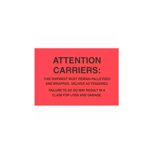 Paper Labels w/ "Attention Carriers" Print, 6"L x 4"W, Fluorescent Red ...