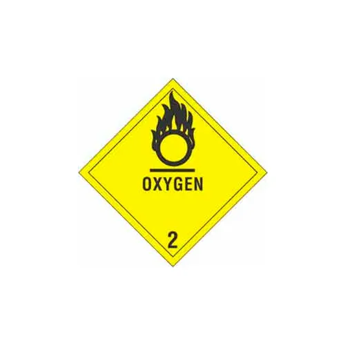 "Oxygen" Hazard Class 2 Labels, 4"L x 4"W, Yellow & Black, Roll of 500