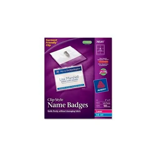 Avery® Clip Style Name Badges, 3" x 4", Clear, 100/Box