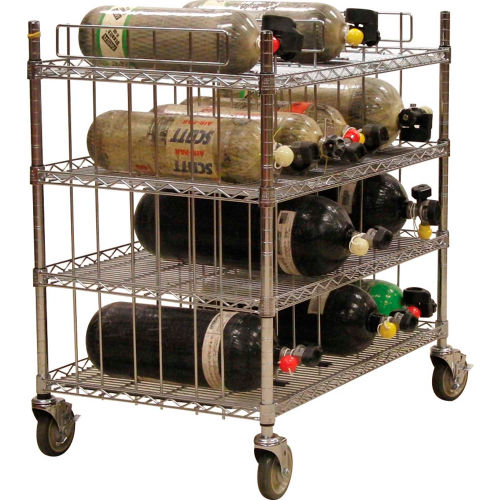 SCBA Mobile Bottle Cart, Four Shelf Levels, Holds 16 Bottles, Chrome