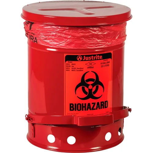 Justrite® Round Biohazard Waste Can, Steel, 6 Gallon Capacity, Red