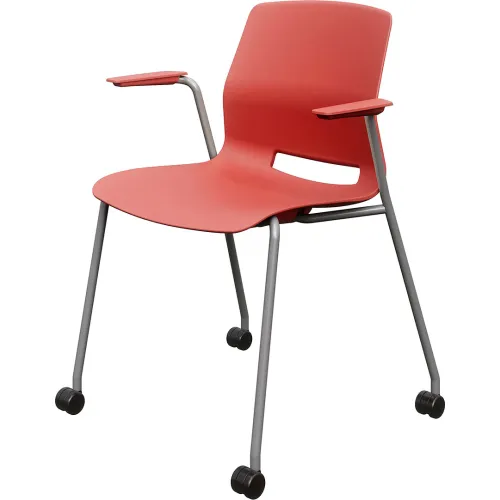 KFI Studios Imme Stacking Chair with Fixed Arms & Casters, Polypropylene, Coral Seat/Silver Frame