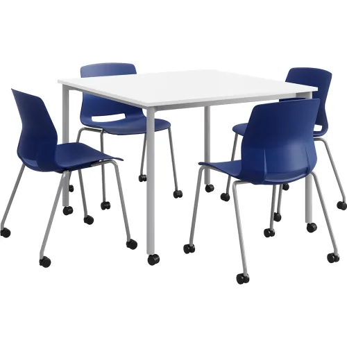 KFI 42" Square Table on Casters With 4 Chairs, Steel Frame White Table ...
