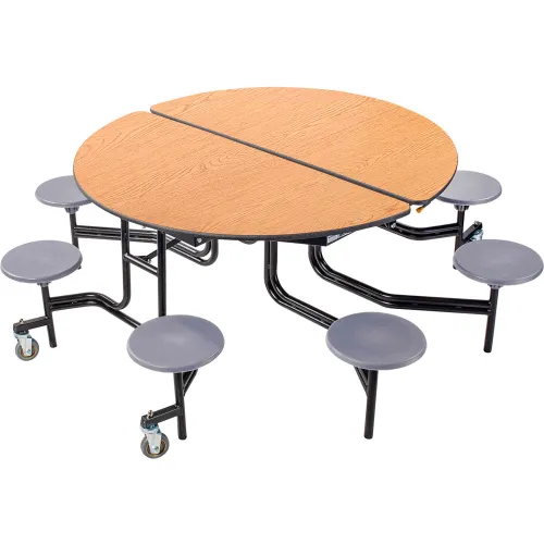 NPS® 60" Round Mobile Cafeteria Table With Stools, Oak Top/Gray Stools ...