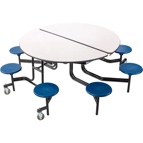 NPS® 60" Round Mobile Cafeteria Table With Stools, Gray Top/Blue Stools ...
