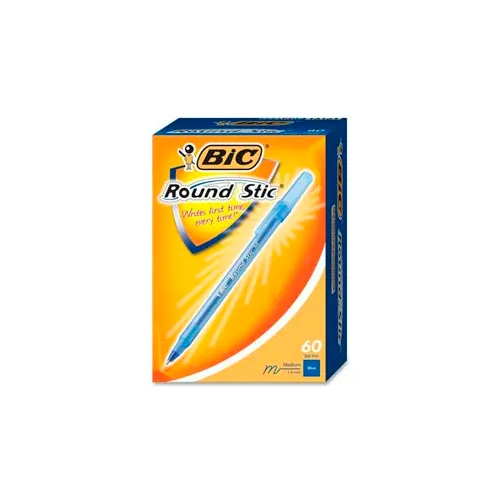 Bic® Round Stic Ballpoint Pen, Medium, Blue Ink, 60/Box