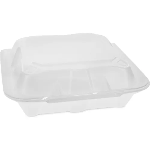Pactiv Evergreen Vented Foam Hinged Lid Container, Dual Tab Lock Economy, 8.42x8.15x3, White, 150/CT