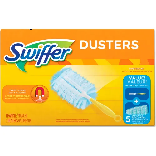 Swiffer® Dusters Starter Kit, Dust Lock Fiber, 6" Handle, Blue/Yellow ...