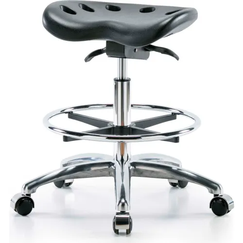 Interion® Polyurethane Tractor Stool With Foot Ring and Seat Tilt - Black w/ Chrome Base